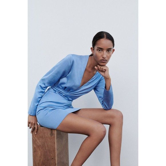 Zara | Dresses | Nwt Zara M Mini Dress Sky Blue Satin Deep Vneckline Front Knot Back Tie | Poshmark